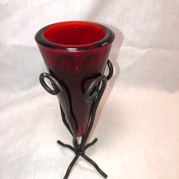 Accents | Vintage Ruby Red Glass Candle Holder In Wrought Iron Stand ...